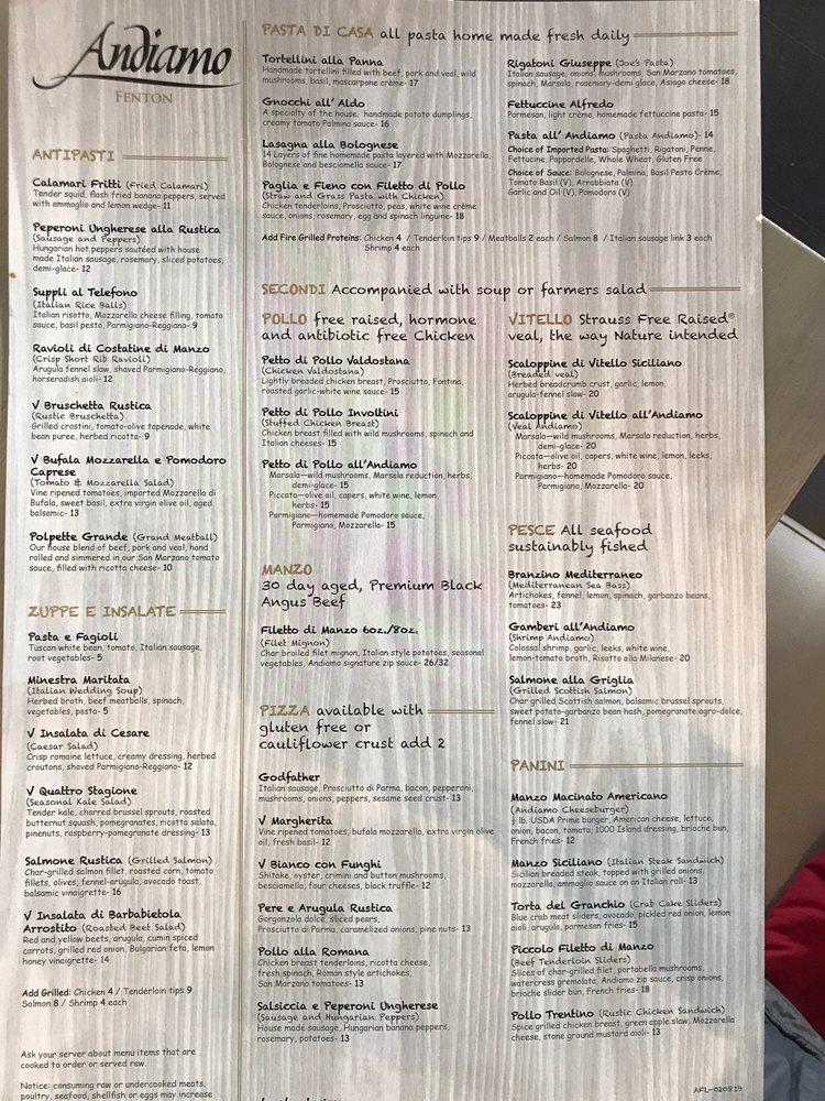Menu at Andiamo Fenton restaurant, Fenton