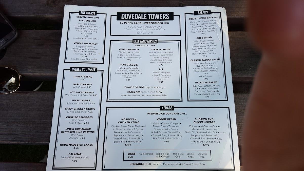 Menu at Dovedale Towers pub & bar, Liverpool