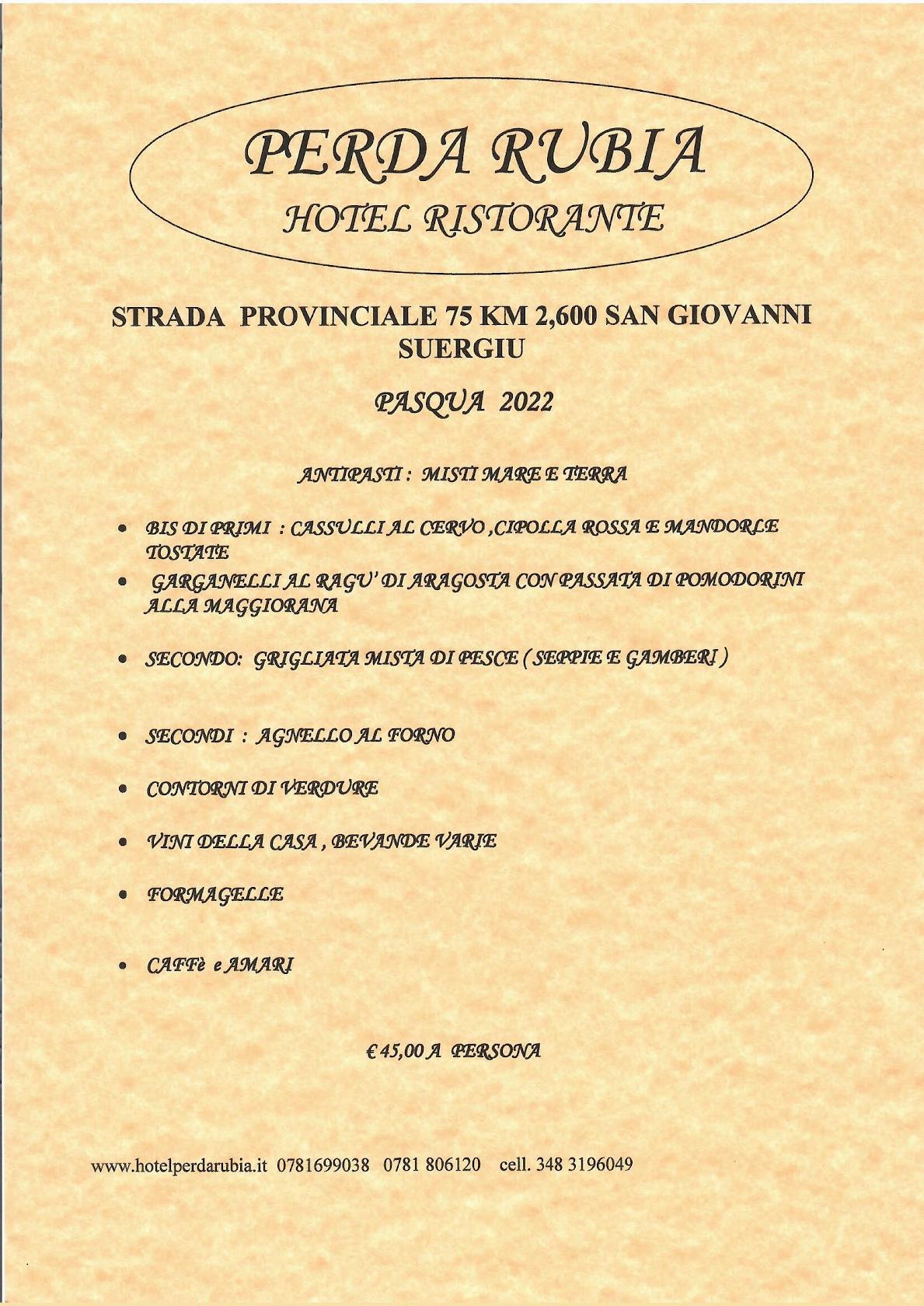 Speisekarte von HOTEL PERDA RUBIA restaurant, San Giovanni Suergiu