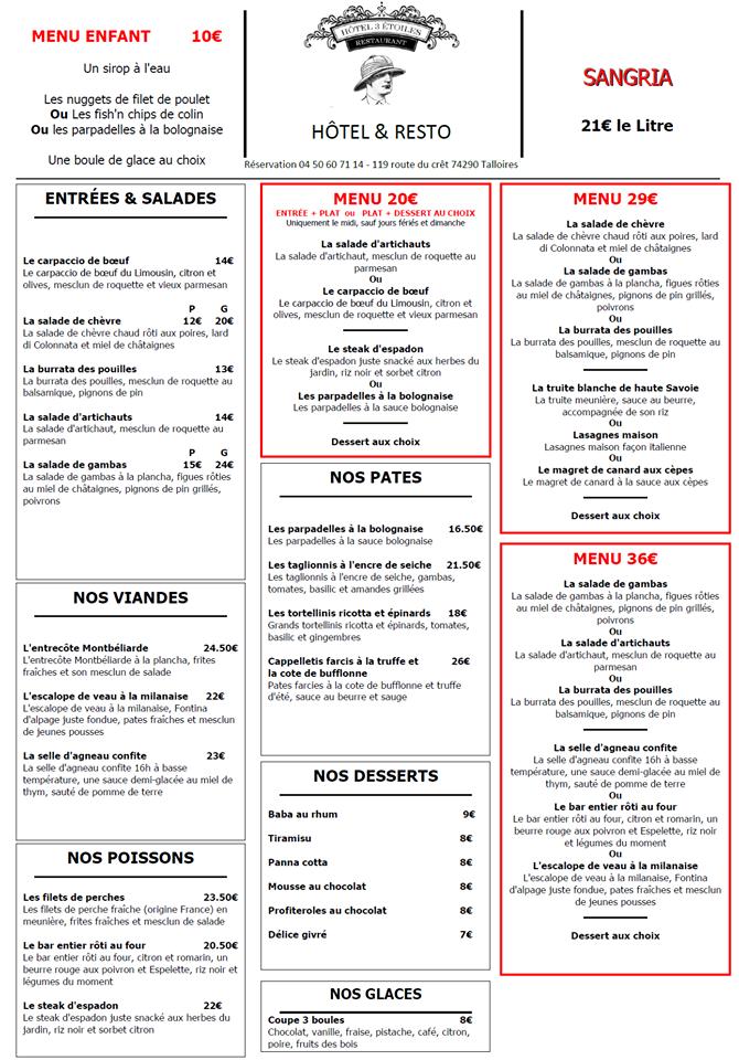 Menu au Hôtel Restaurant La Villa des Fleurs, Talloires-Montmin, 119 ...