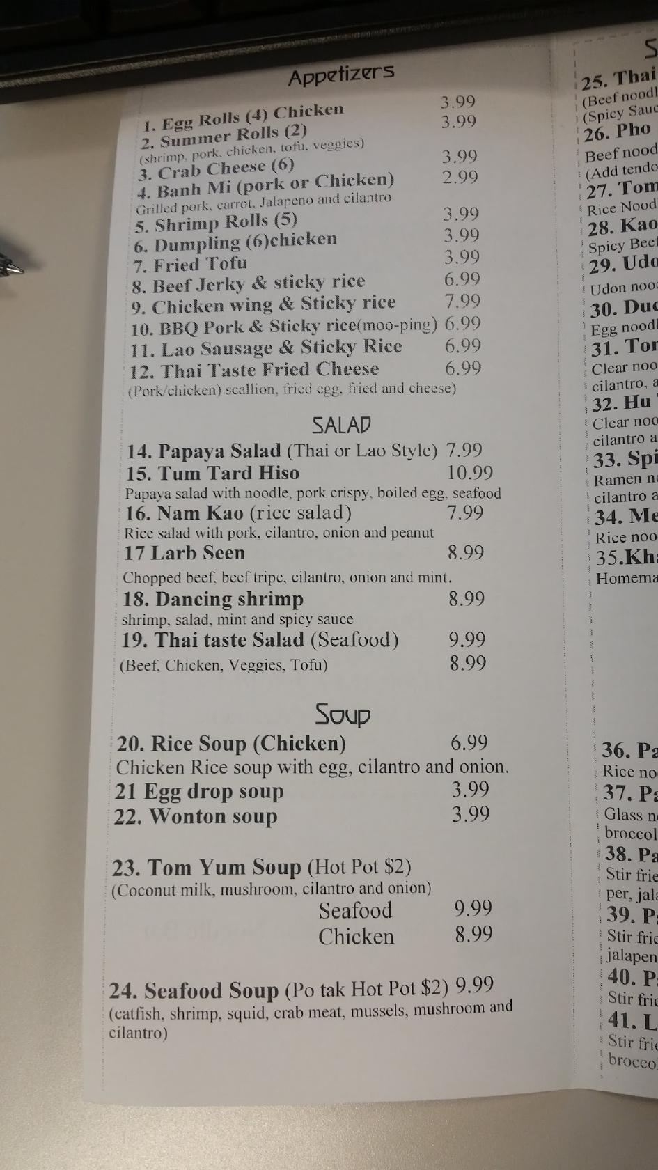 Menu at Thai Taste restaurant, Springdale