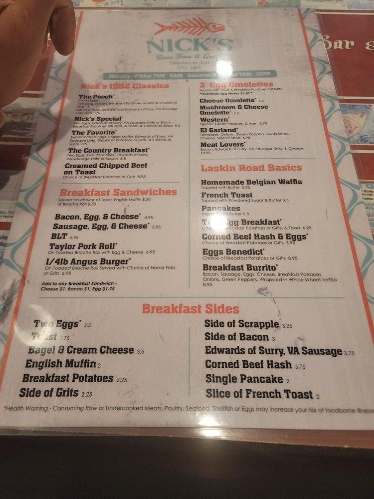Menu at Nicks Bar & Grill, Virginia Beach, 508 Laskin Rd