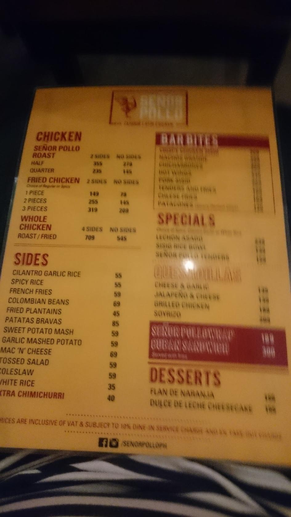 Menu at Señor Pollo restaurant, Pasig