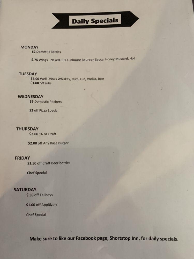 Menu at Shortstop Inn pub & bar, Wakarusa