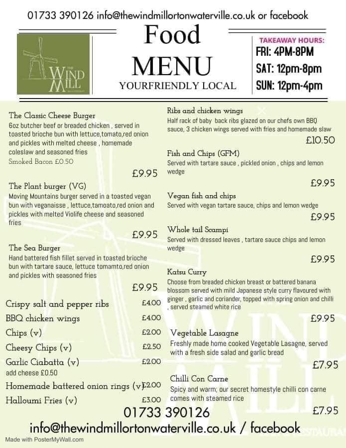 Menu at The Windmill pub & bar, Peterborough, 29 Cherry Orton Rd