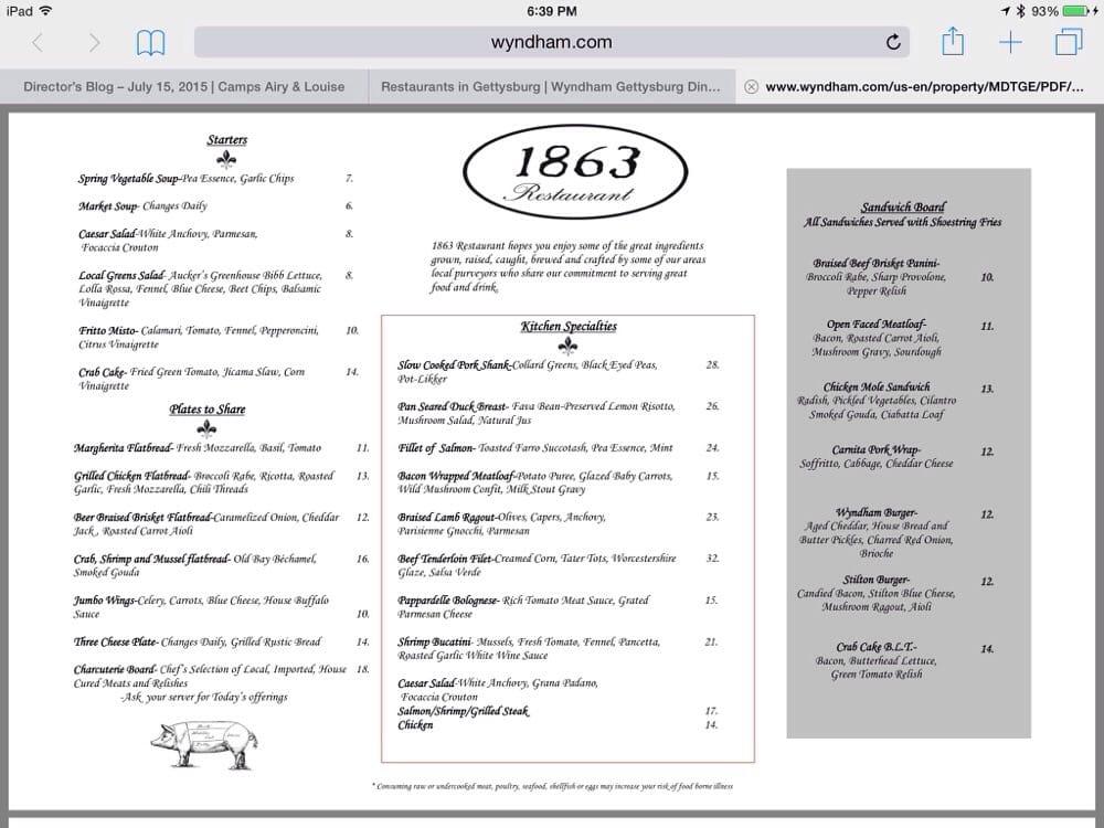 Menu at 1863 Restaurant, Gettysburg