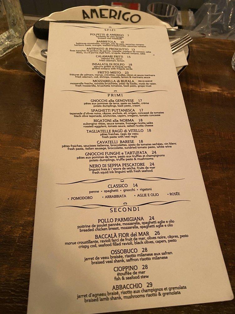 Menu at Bistro Amerigo restaurant, Montreal