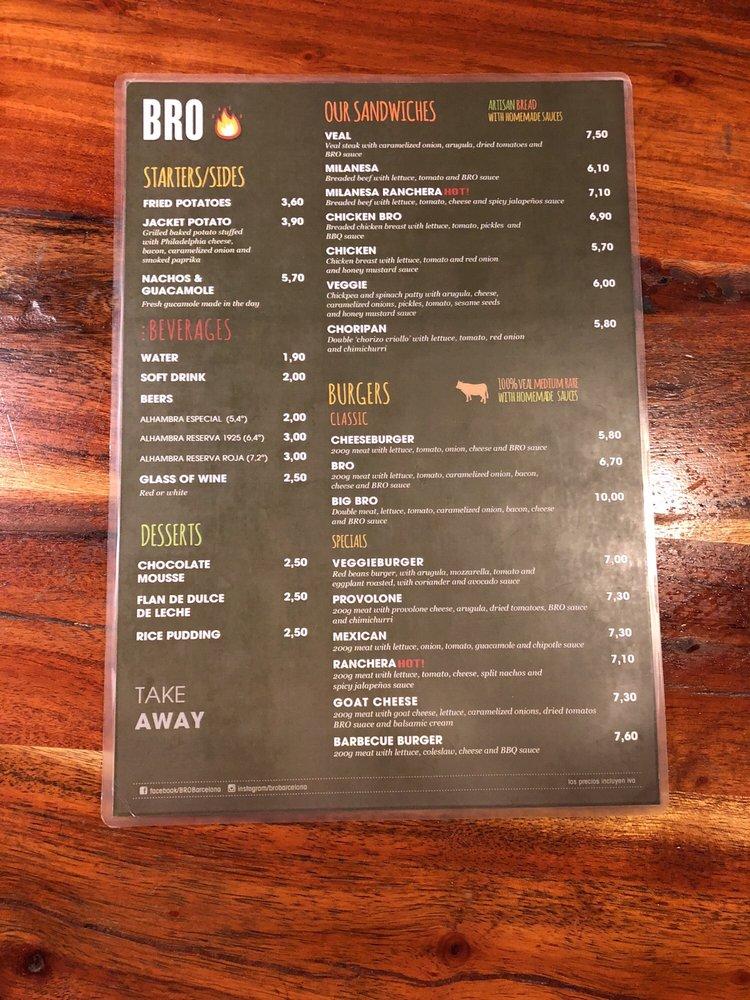 Menu at BRO Barceloneta Burgers, Barcelona