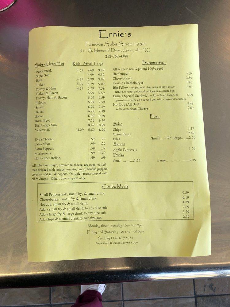 Menu at Ernie's Famous Subs restaurant, Greenville