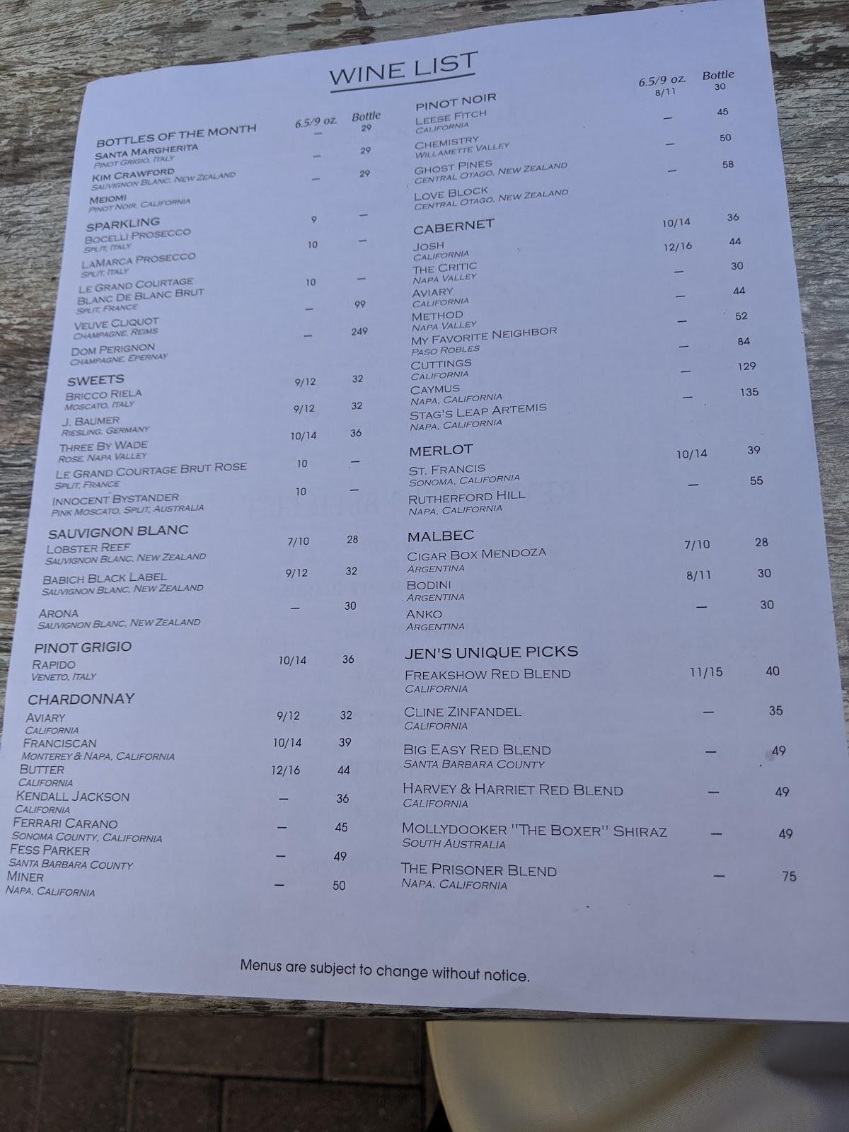 Menu at Jen's Guesthouse steakhouse, Willow Springs