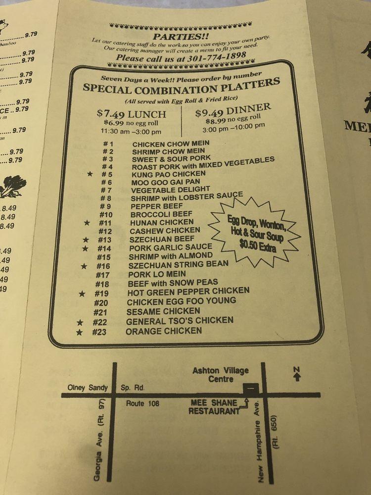 Menu at Mee Shane restaurant & carryout, Ashton-Sandy Spring