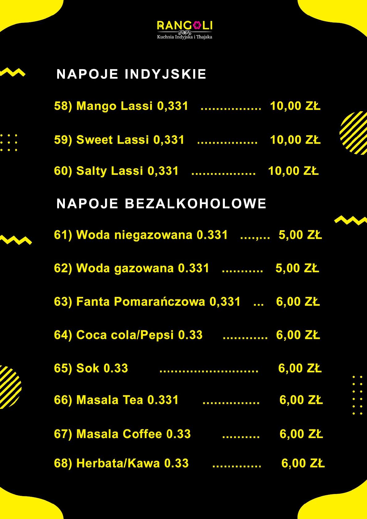 Menu at Rangoli kuchnia Indyjska restaurant, Warsaw