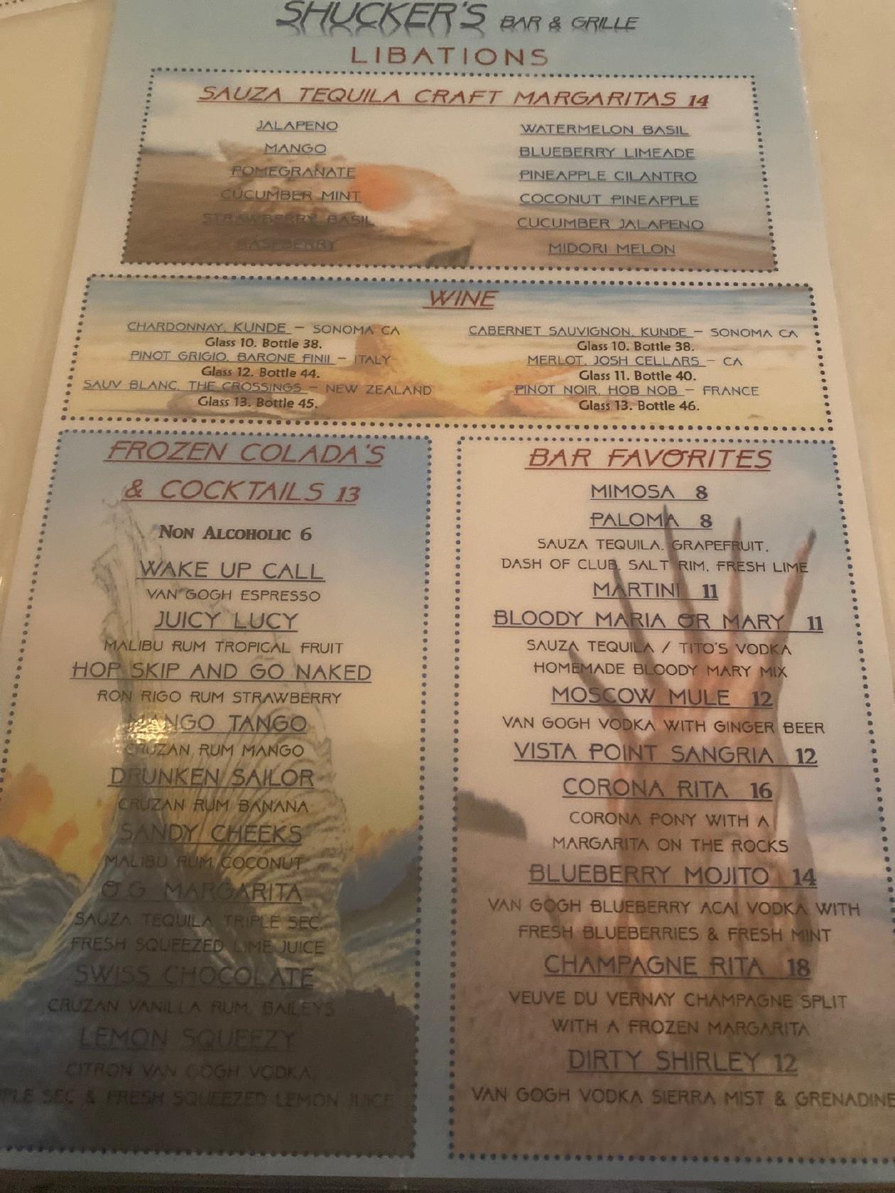 Menu at Shucker's Bar & Grille, Margate City