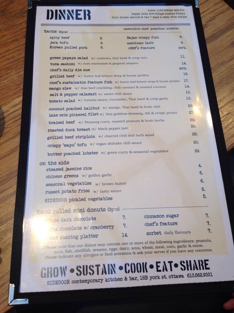 Menu at Sidedoor restaurant, Ottawa