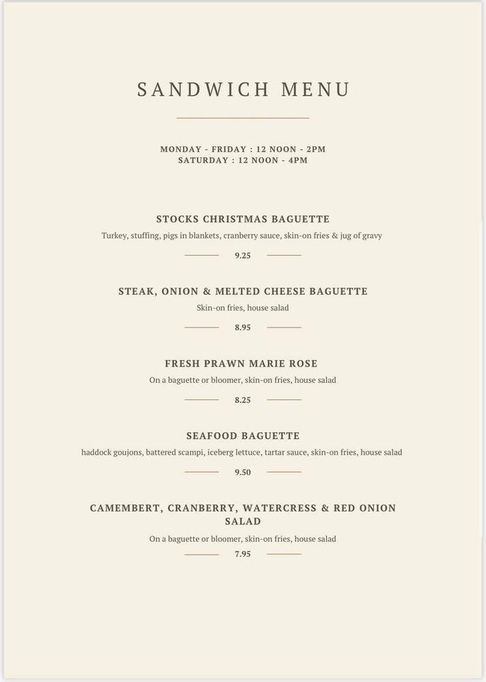 Menu at Stocks Tavern pub & bar, Up Holland