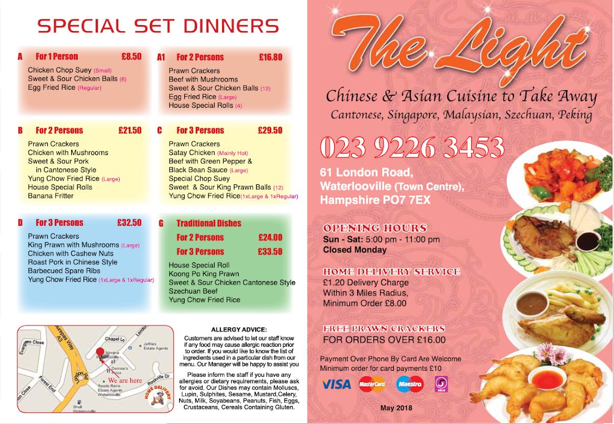 Menu at The Light Chinese Takeaway fast food, Waterlooville