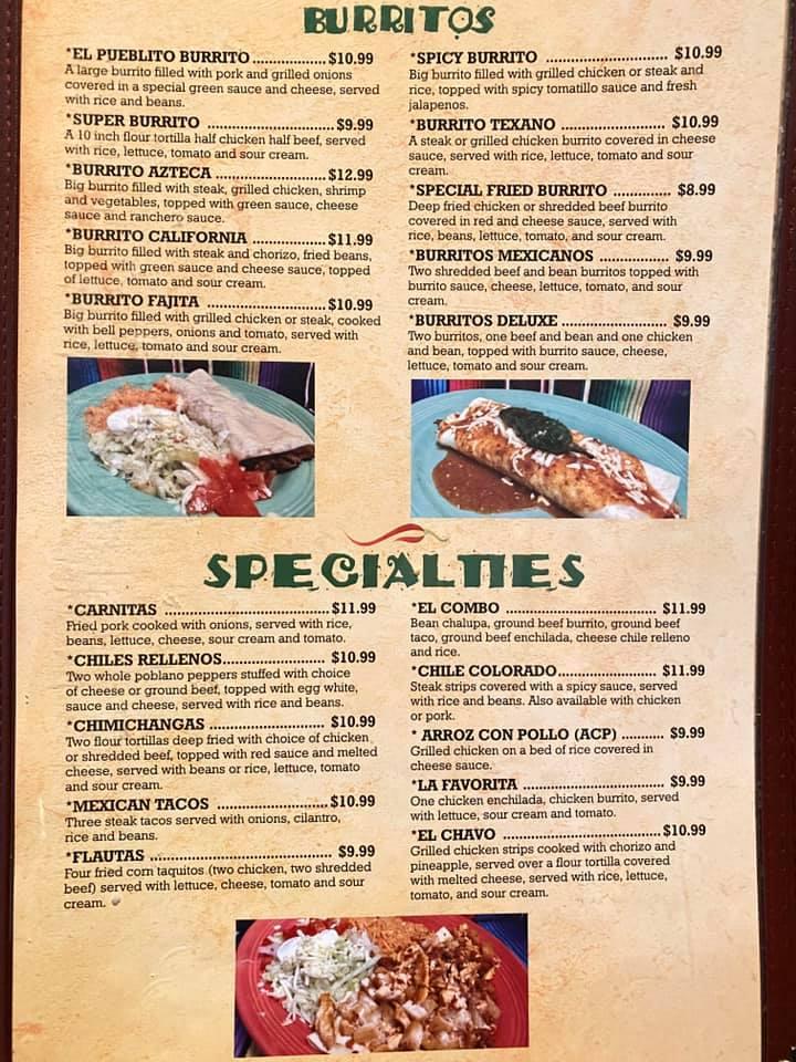 Menu at El Pueblito Mexican Cuisine restaurant, Uhrichsville