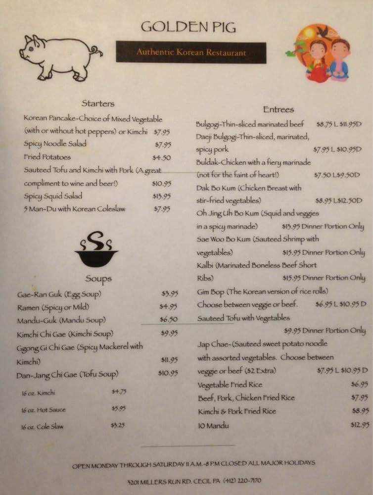 Menu at Golden Pig restaurant, Cecil-Bishop