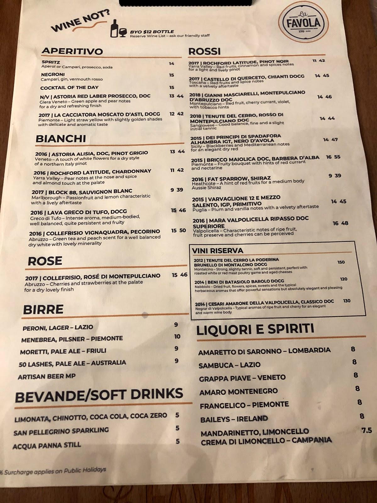 Carta del restaurante La Favola - Authentic Italian Newtown, Newtown