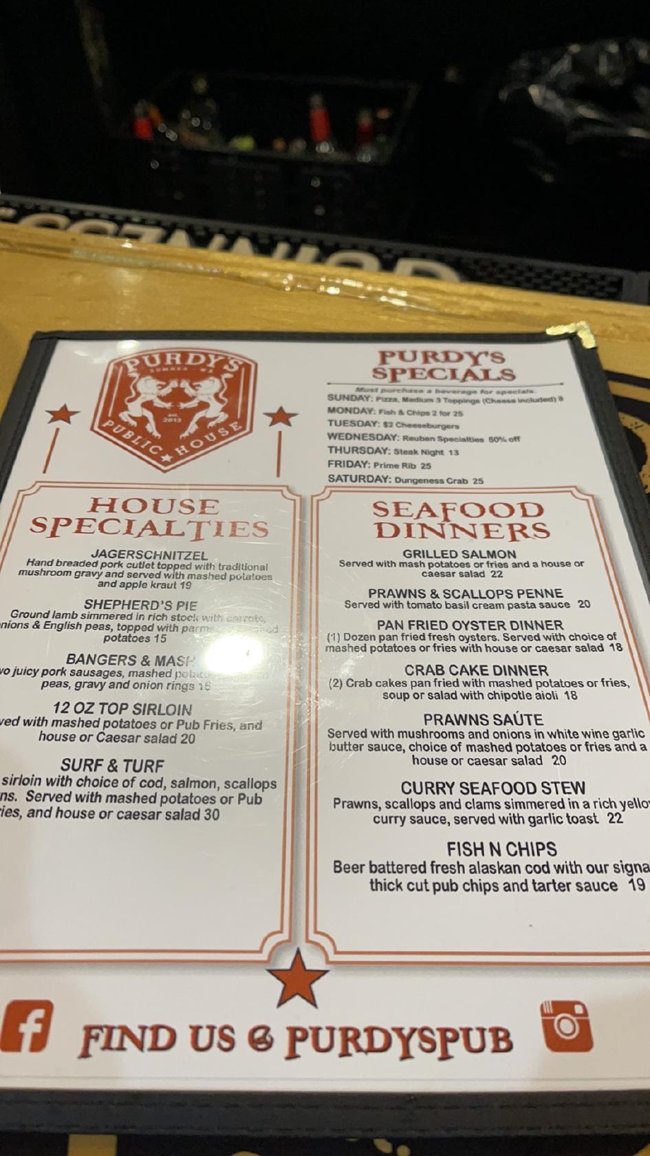 Menu at Purdy's Public House & Arcade, Sumner