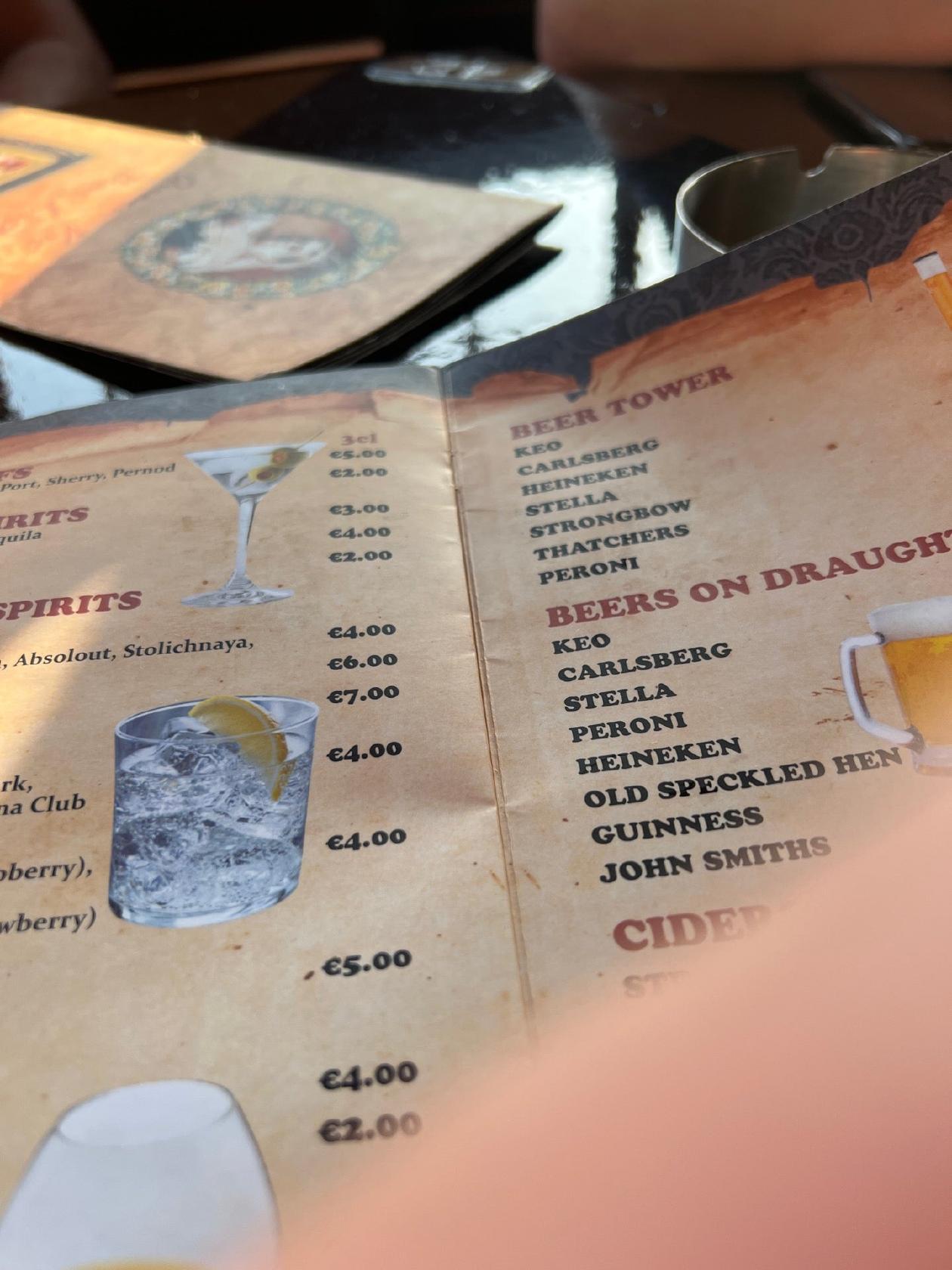 Menu at The Queen Vic, Ayia Napa
