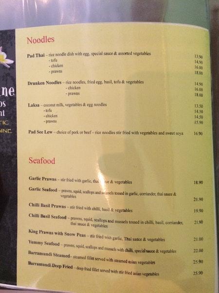 Menu at Vientiane restaurant, Brighton
