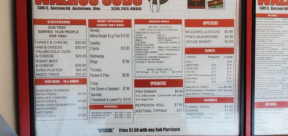Menu at Walrus Subs restaurant, Youngstown