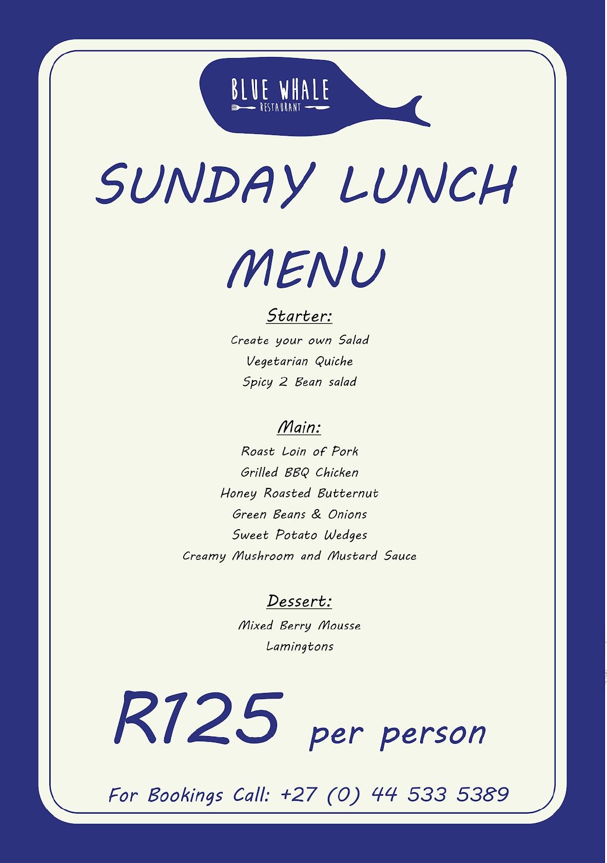 Menu at Blue Whale Restaurant, Plettenberg Bay, 1 Marine Way