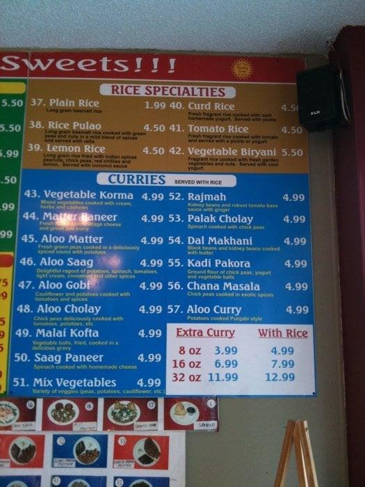 Menu at Bombay Sweets restaurant, Milwaukee, South 13th Street