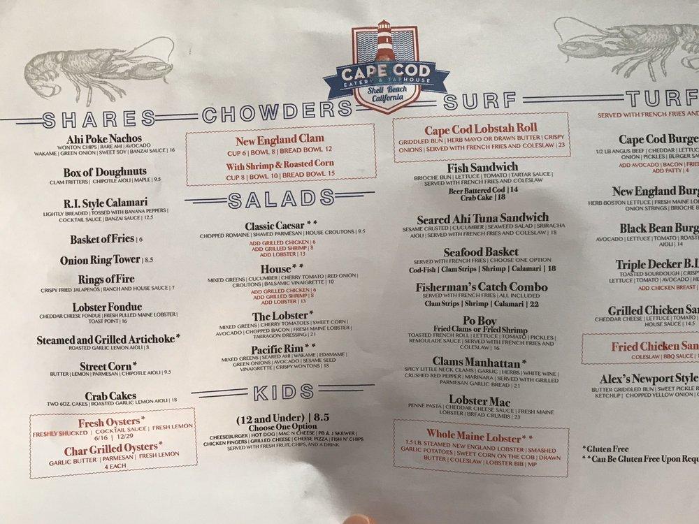Menu at Cape Cod Eatery & Taphouse restaurant, Pismo Beach