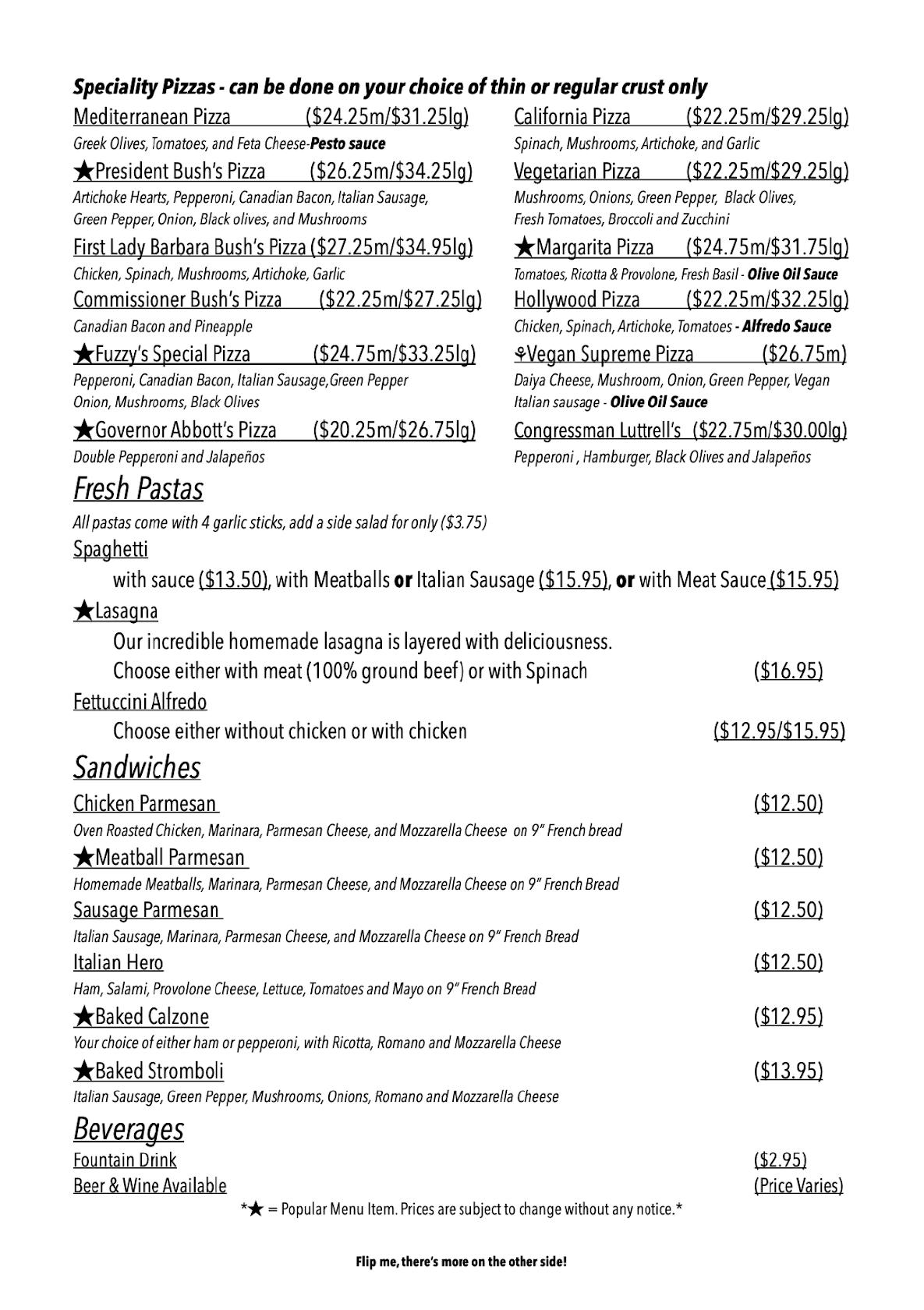 Menu at Fuzzy's Pizza Katy pizzeria, Houston, 613 S Mason Rd