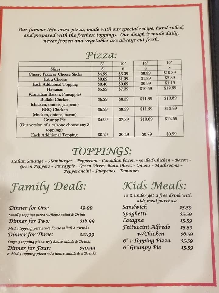 Menu at Grumpy's Pizza pizzeria, Arab
