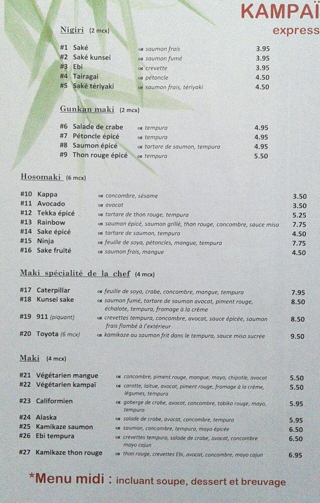 Menu at Kampai Express restaurant, Québec City