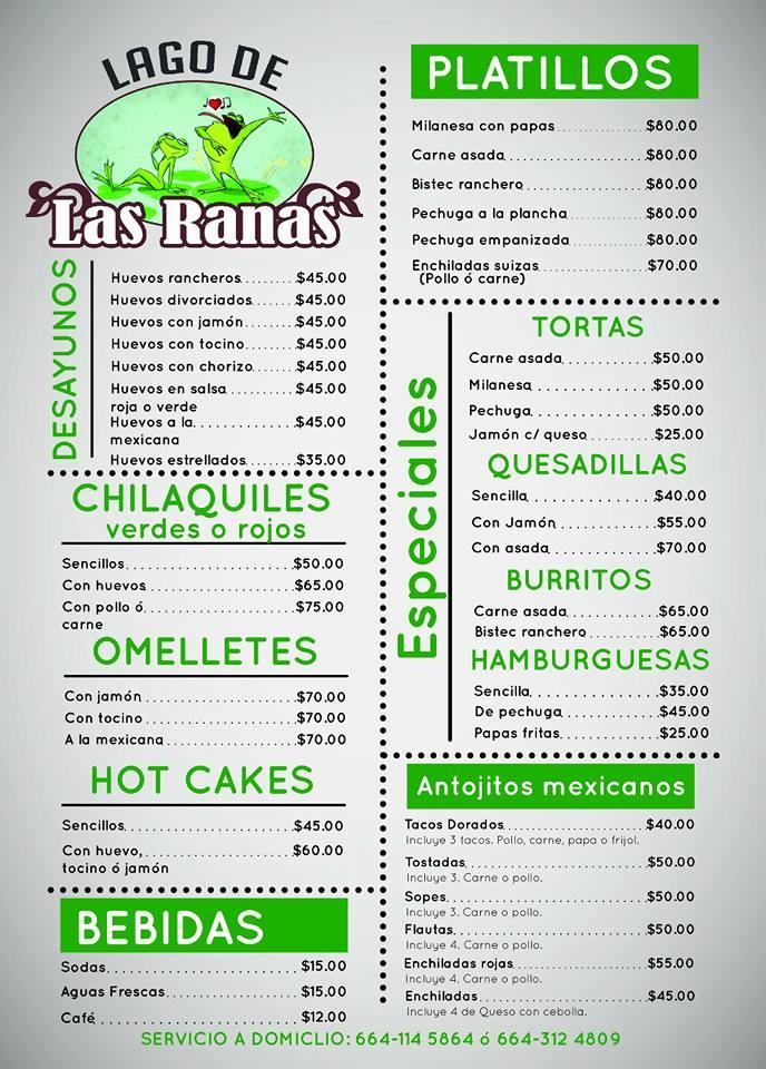 Menu at Lago de las ranas restaurant, Tijuana