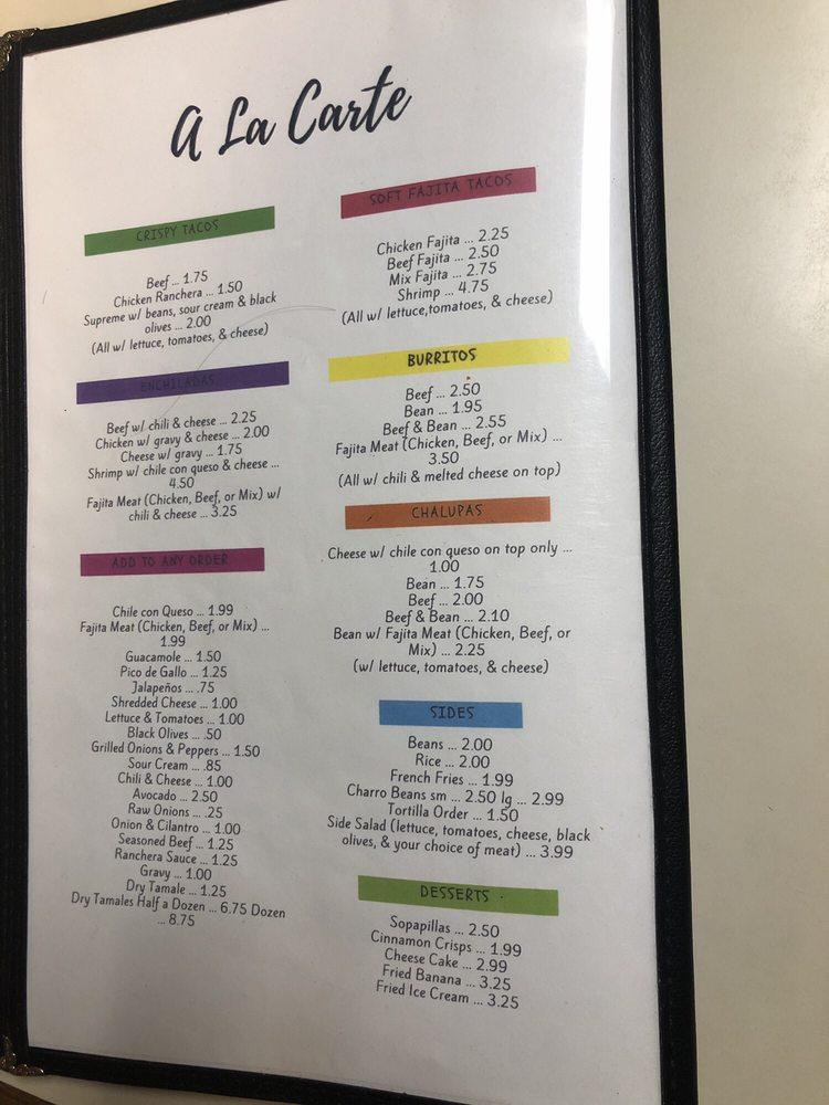Menu at Macho's Mexican Restaurant, Winnie