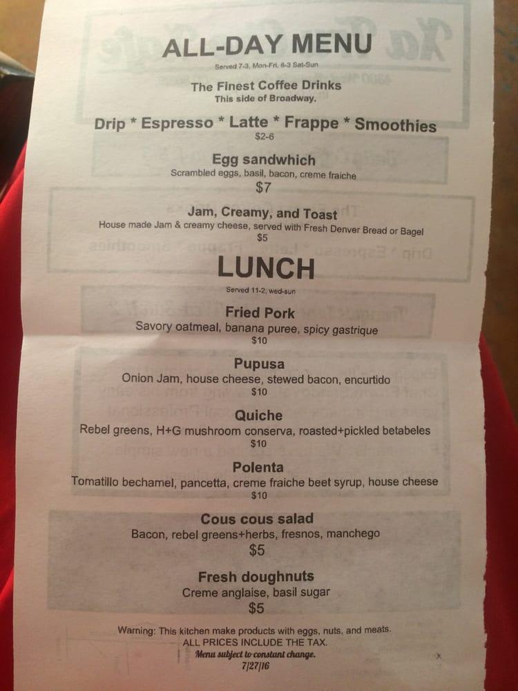 Menu at Mean Bean cafe, Denver