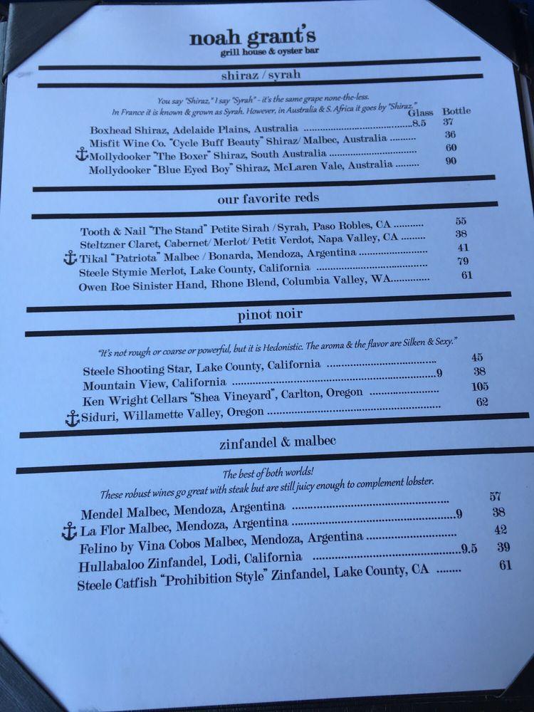 Menu at noah grant's grill house & oyster bar, Zionsville