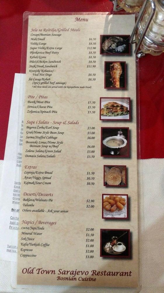 Menu at Old Town Sarajevo restaurant, Phoenix