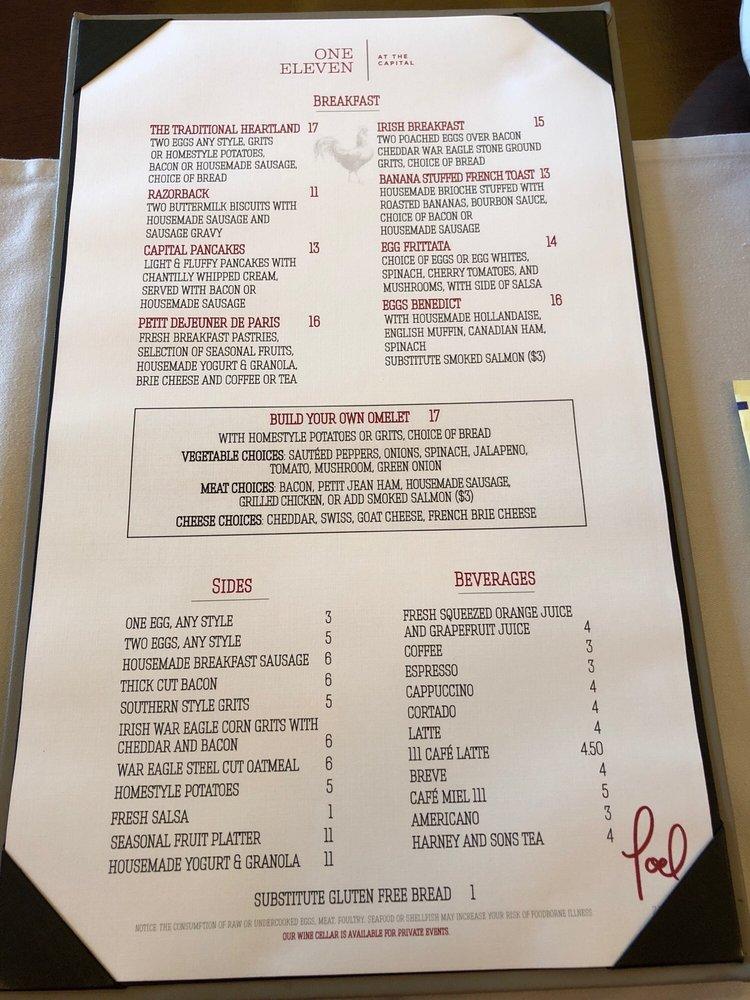 Menu at One Eleven steakhouse, Little Rock