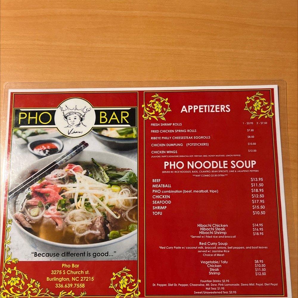 Menu at Pho Bar, Burlington