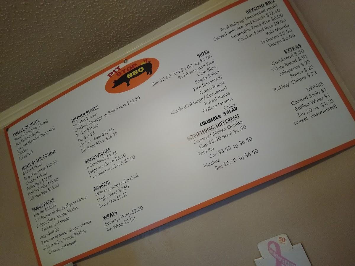 Menu at Pit Stop BBQ, Temple