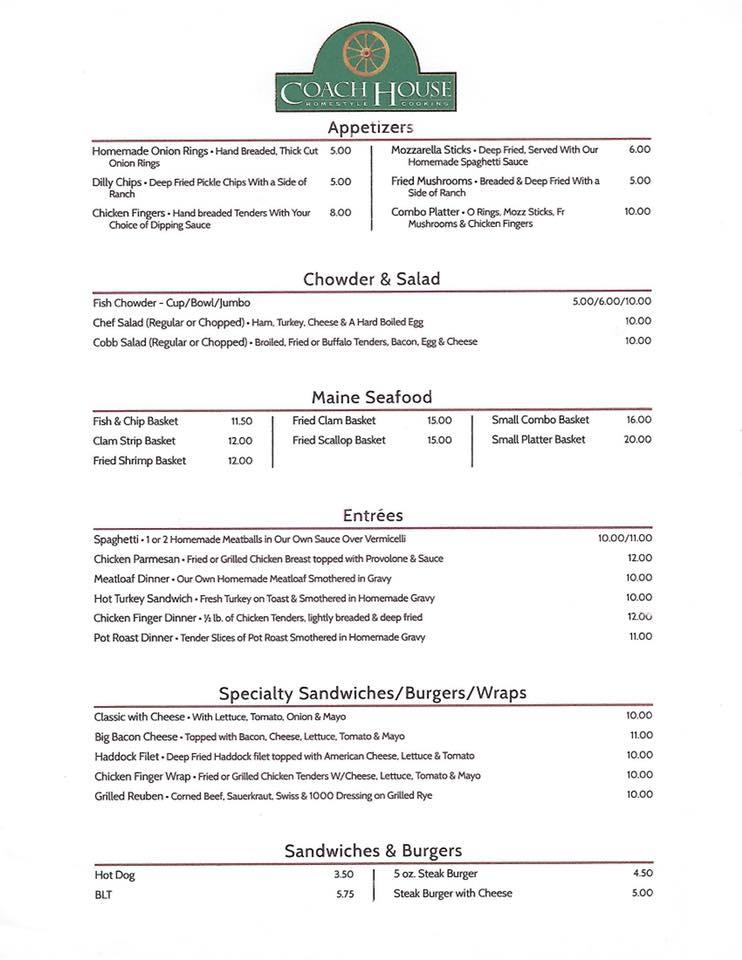 Menu at The Coach House Restaurant, Brewer