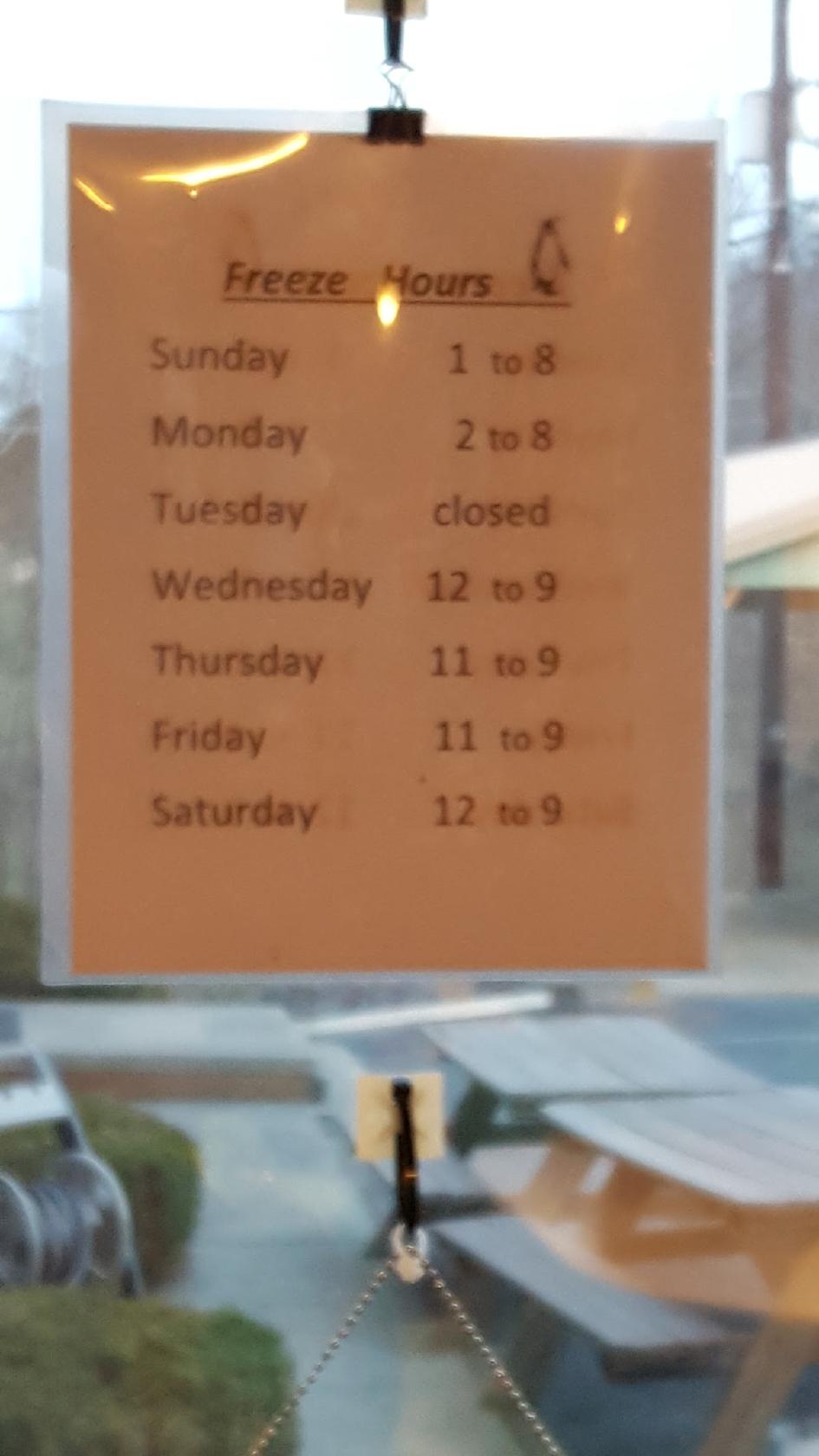 Menu at The Freeze, Schuylkill Haven, W Market St