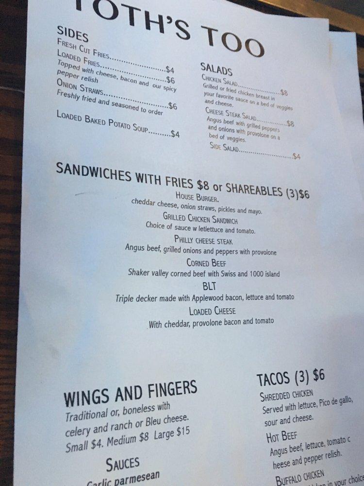 Menu at Toth's Too pub & bar, Mentor