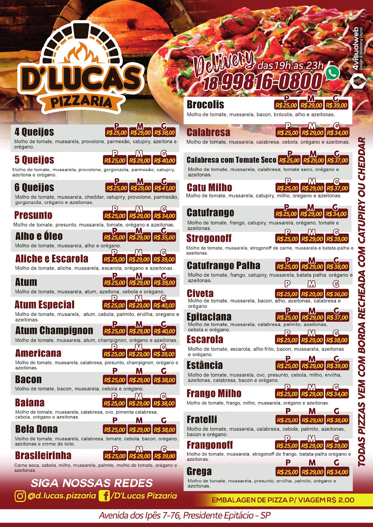 Menu at D'Lucas Pizzaria, Presidente Epitácio