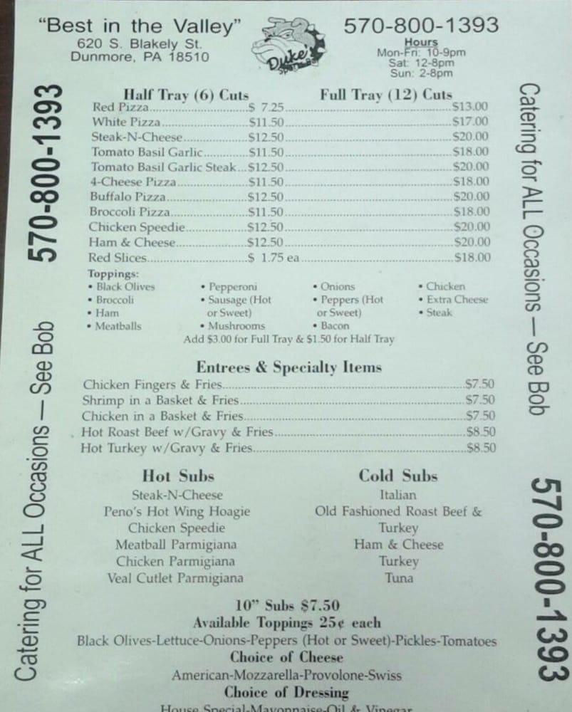 Menu at Duke's Pizza pizzeria, Dunmore
