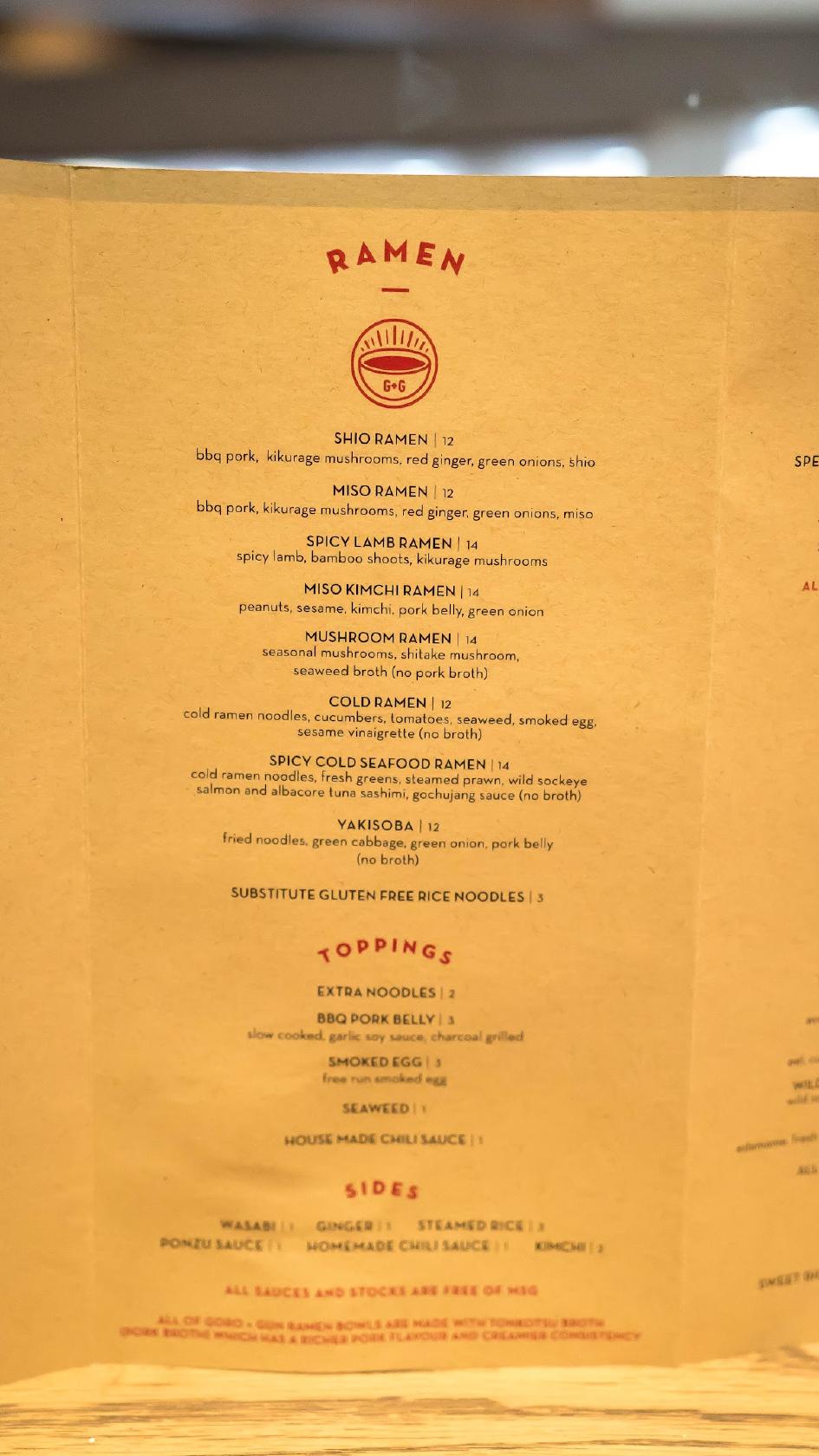 Menu at Goro + Gun restaurant, Calgary