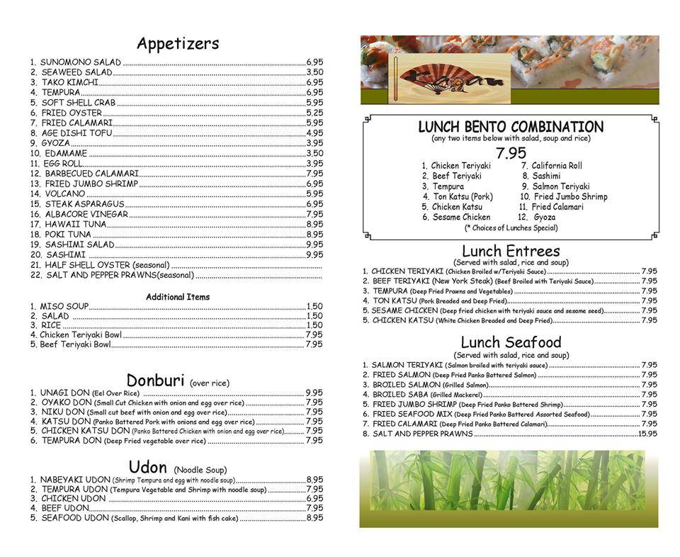 Menu at Kazan Japanese Cuisine & Sushi Bar, Vacaville