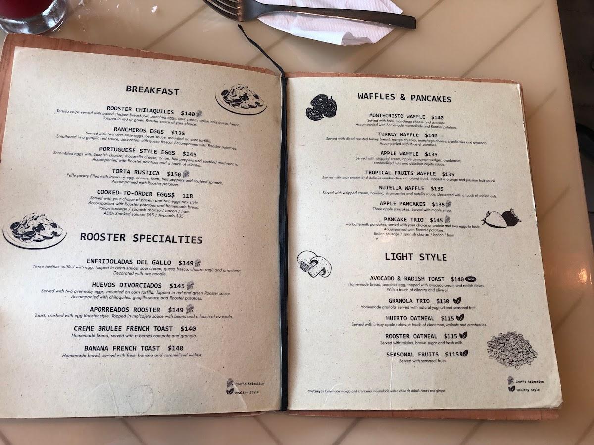 Menu at Rooster cafe, Cancún, Av Sunyaxchen 41