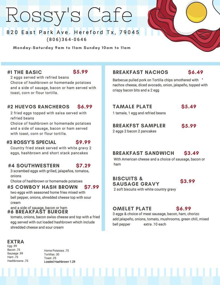 Menu at Rossy's Cafe, Hereford
